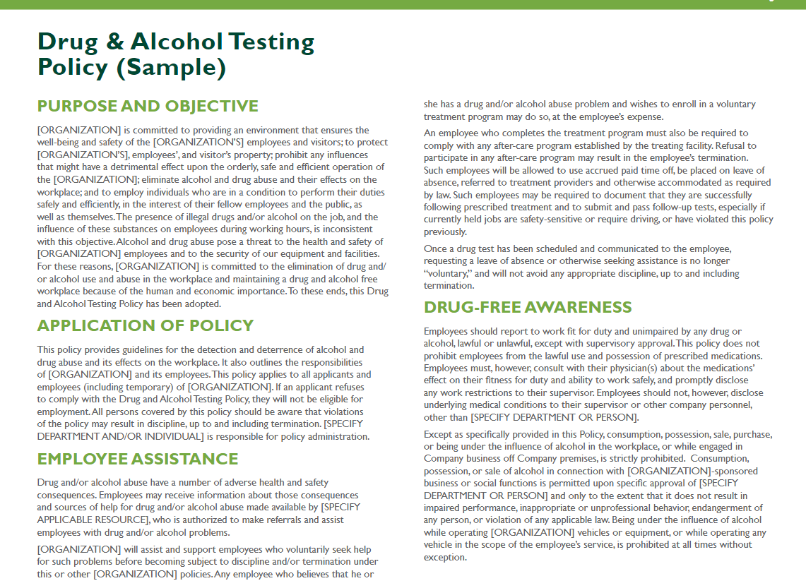 Drug and Alcohol Testing Policy - Sample